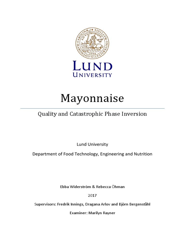 Master Thesis Mayonnaise - Quality and Catastr | PDF