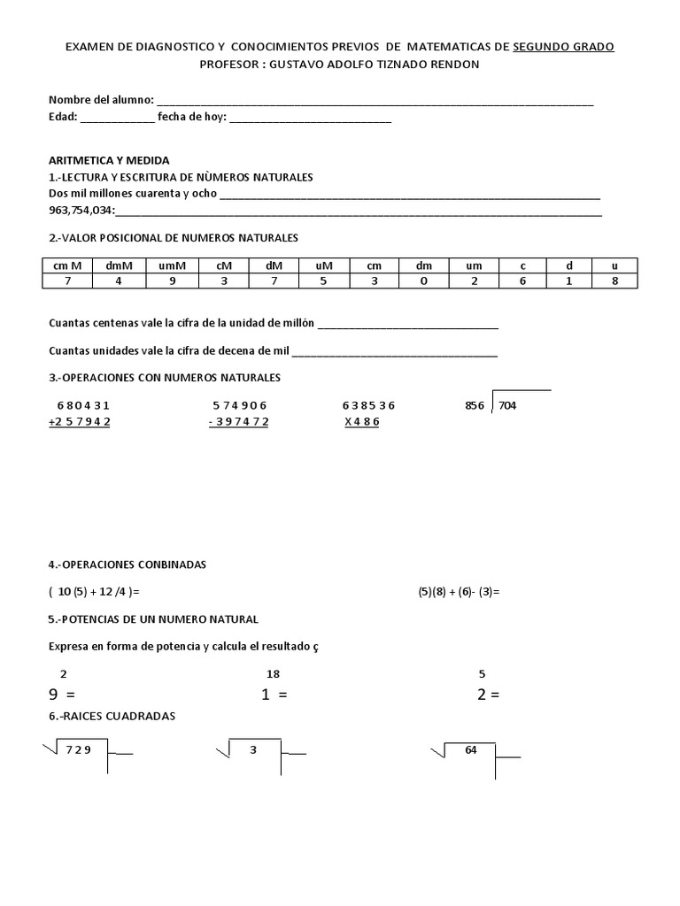 Examen de Diagnostico Segundo Matematicas | PDF