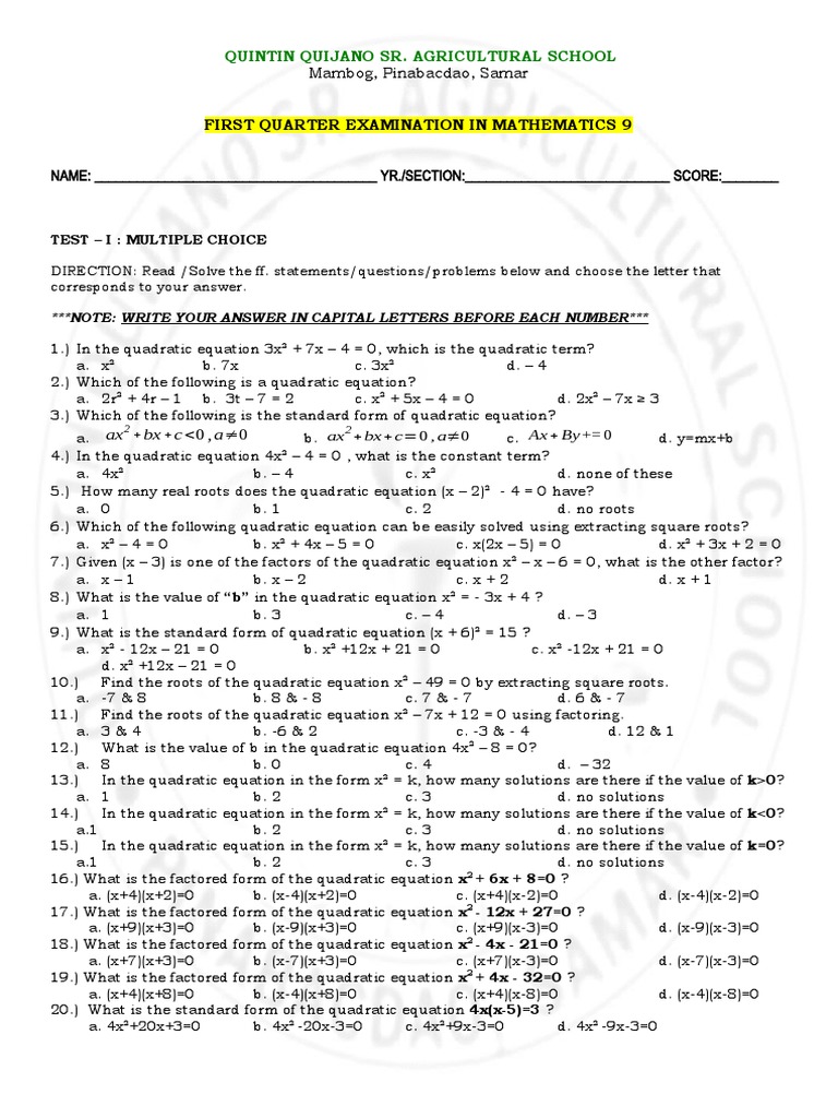 FIRST QUARTER EXAM IN MATH 9 ... Edited | PDF | Equations | Quadratic ...