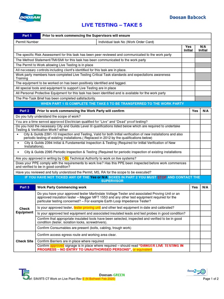 Live Testing - Take 5 Rev E | PDF | Verification And Validation | Safety
