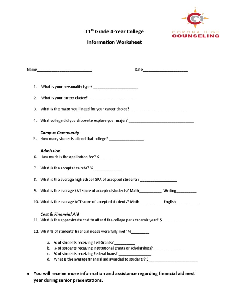 11th Grade College Information Worksheet | PDF