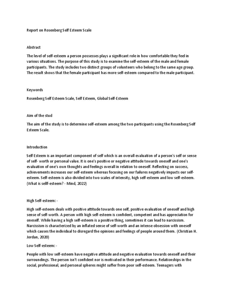 Report On Rosenberg Self Esteem Scale and Social Loafing | PDF | Self Esteem | Psychological ...