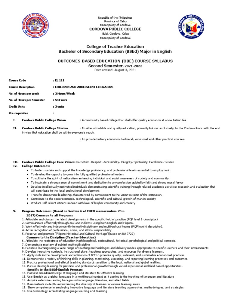 Sample Syllabus With BTI | PDF | Literacy | Learning