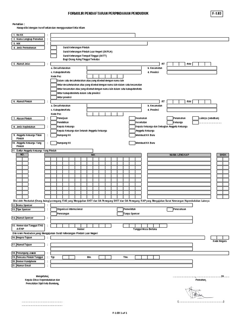 Formulir F-1.03 Pendaftaran Perpindahan Penduduk | PDF