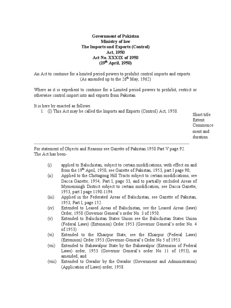 The Imports and Exports (Control) Act 1950 | PDF