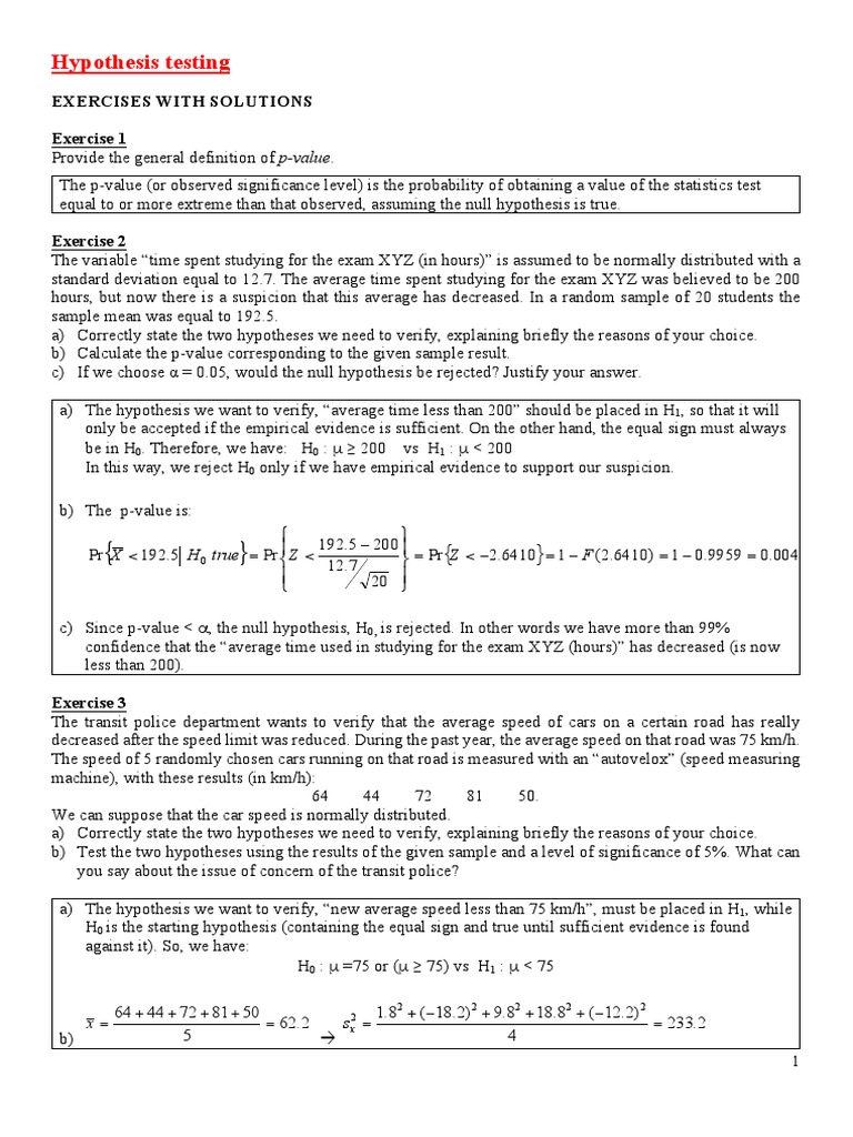 Hypothesis Testing Exercises with Solutions | PDF | P Value ...