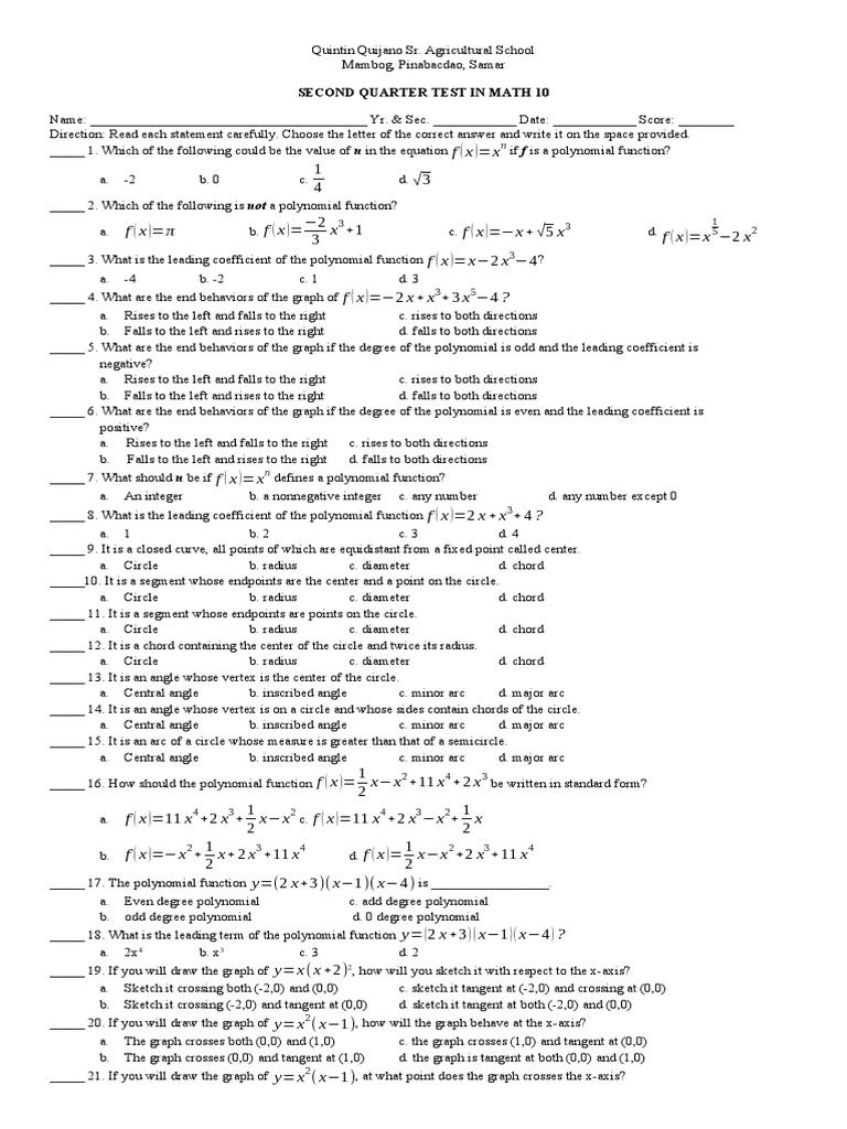Math 10 Second Quarter Test | PDF | Circle | Angle