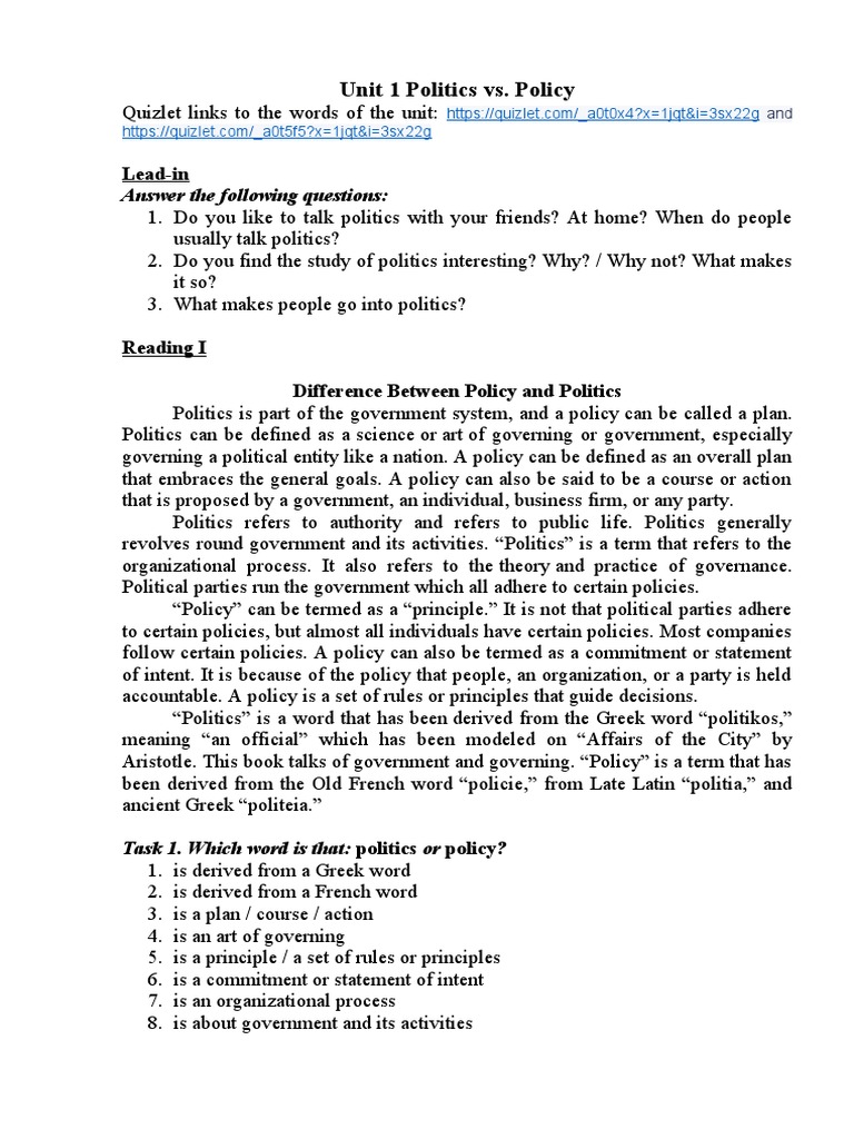 Unit 1 Politics Vs Policy - Tasks | PDF