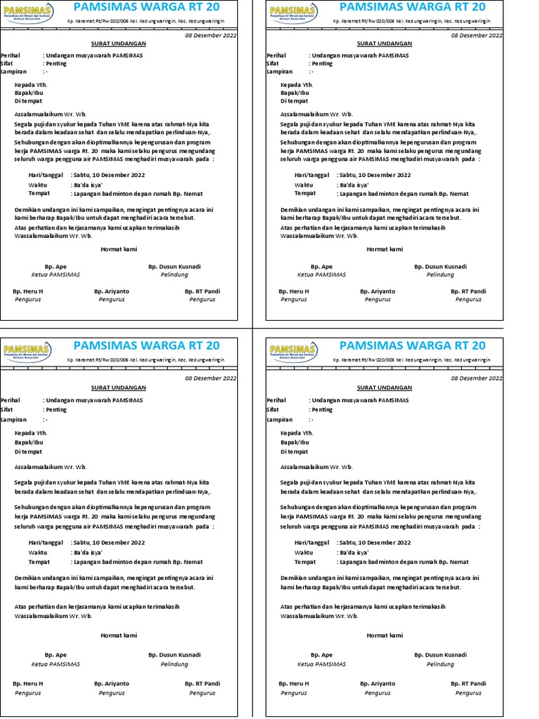 Surat Undangan Musyawarah PAMSIMAS | PDF