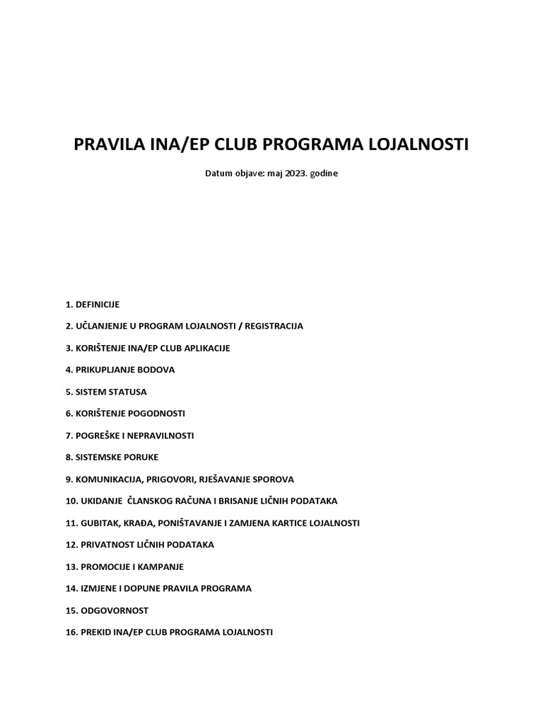 Pravila INA - EP CLUB Programa Lojalnosti | PDF
