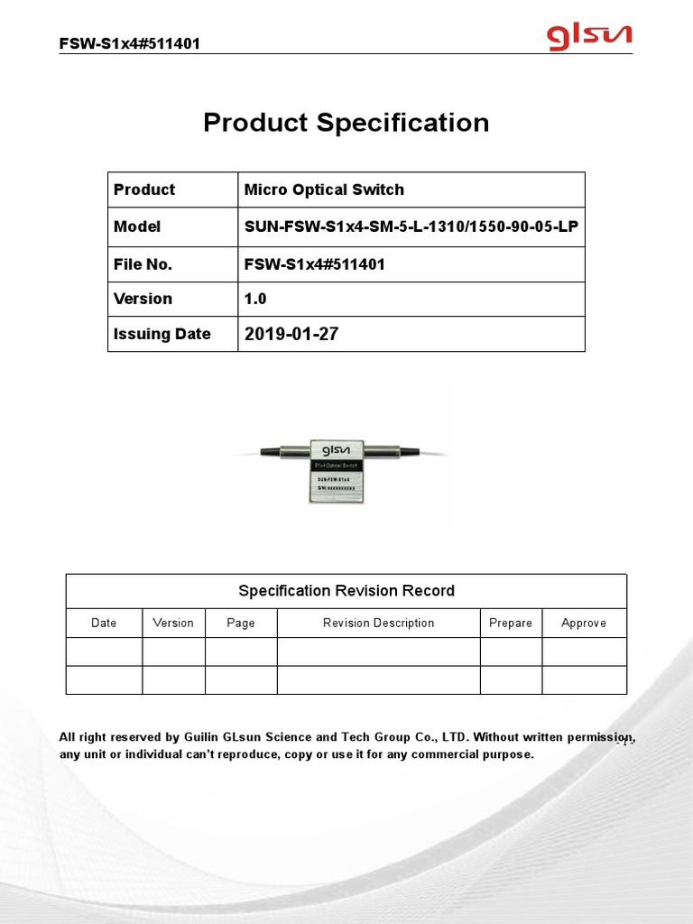 FSW s1x4 Micro Optical Switch Data Sheet 511401 | PDF