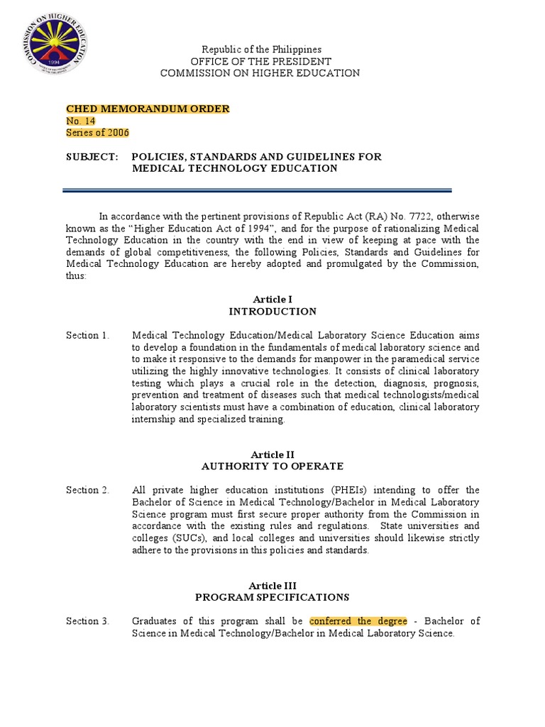 CHED CMO 14: Medical Technology Standards | PDF | Medicine | Medical ...