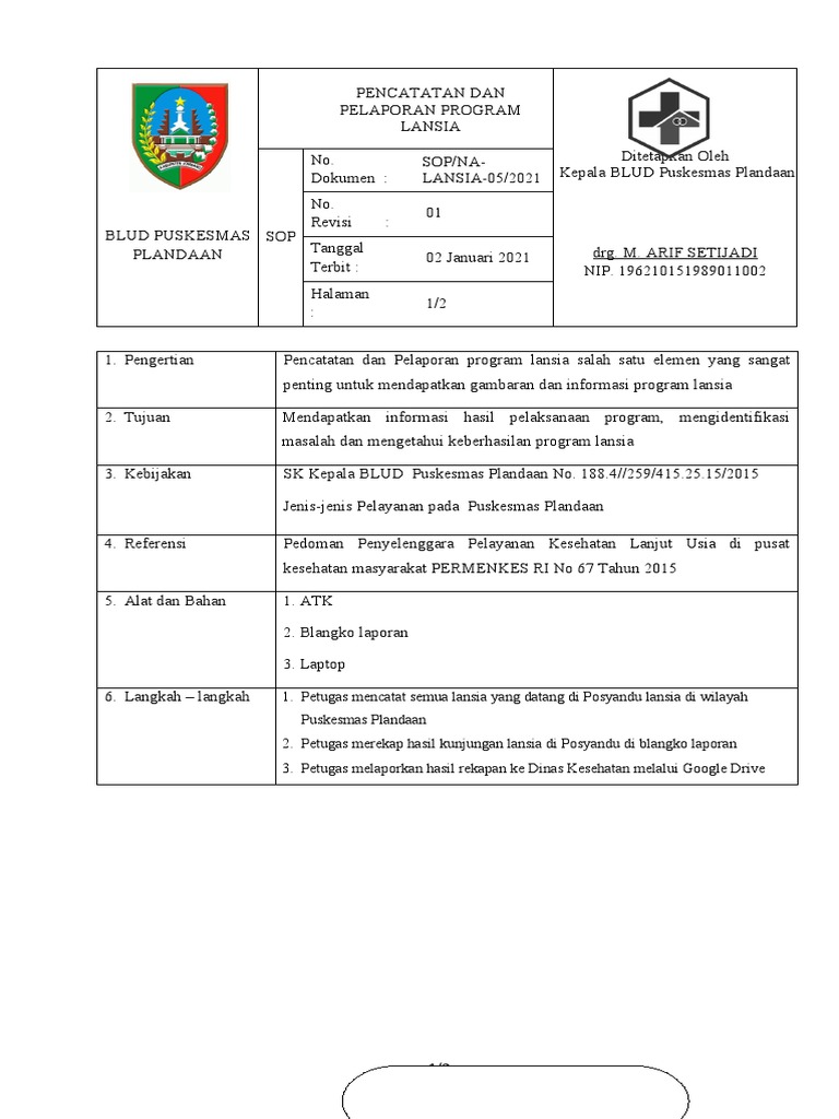 Sop Pencatatan Dan Pelaporan Program Lansia 2020 | PDF