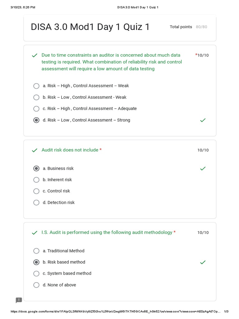 DISA 3.0 Mod1 Day 1 Quiz 1 | PDF | Risk | Information Technology Management