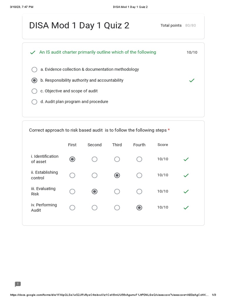 DISA Mod 1 Day 1 Quiz 2 | PDF | Audit | Information Technology Management