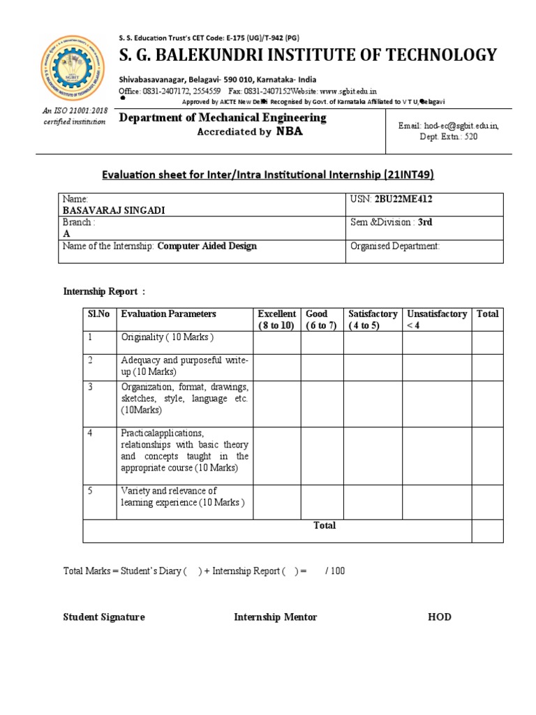 Internship Evaluation Sheet for CAD | PDF