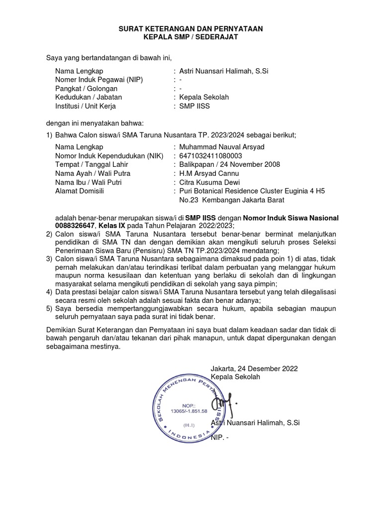 Form Surat Keterangan Dan Pernyataan Kepala SMP | PDF