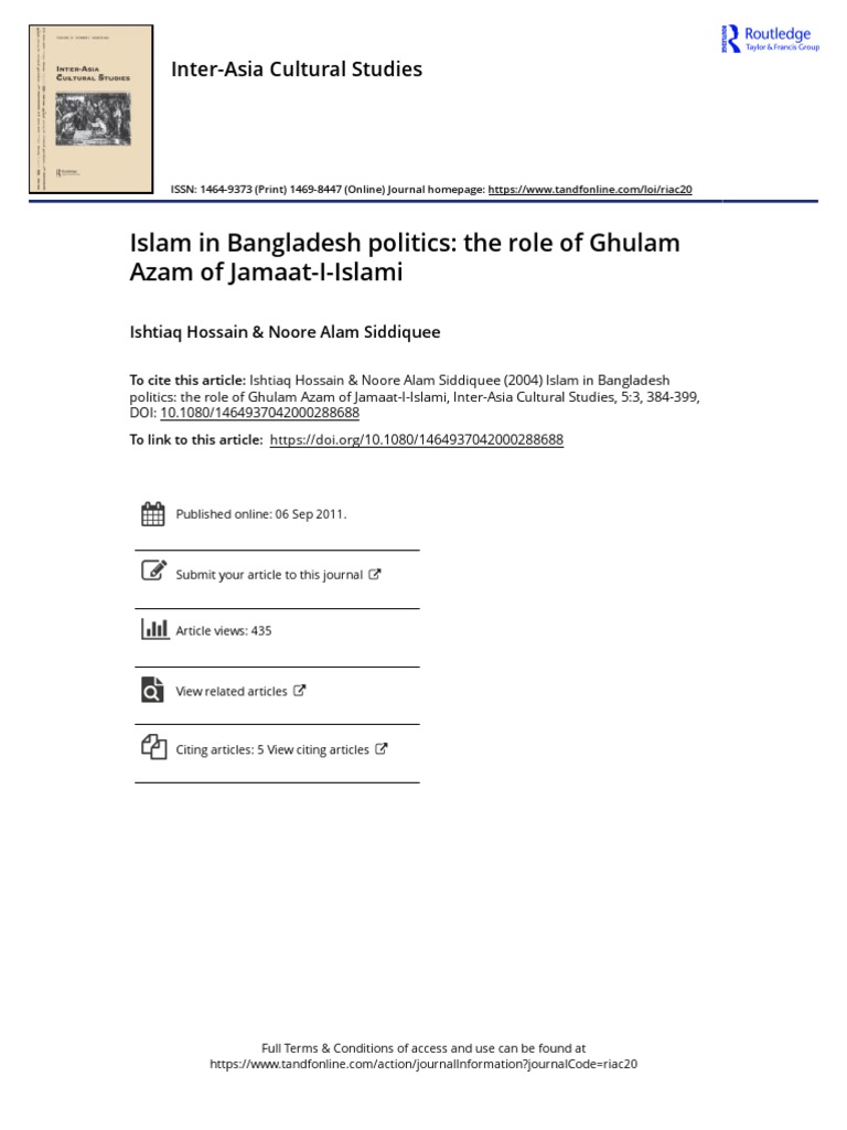 Islam in Bangladesh Politics The Role of Ghulam Azam of Jamaat I Islami ...