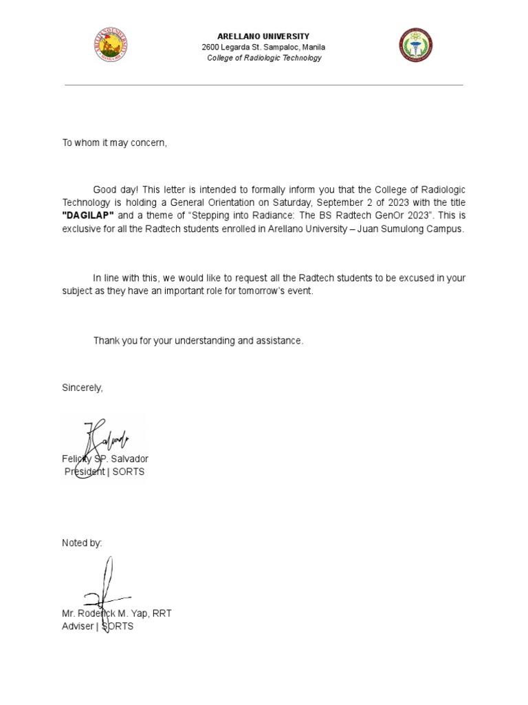 Excuse Letter For Radtech Genor | PDF | Science & Mathematics