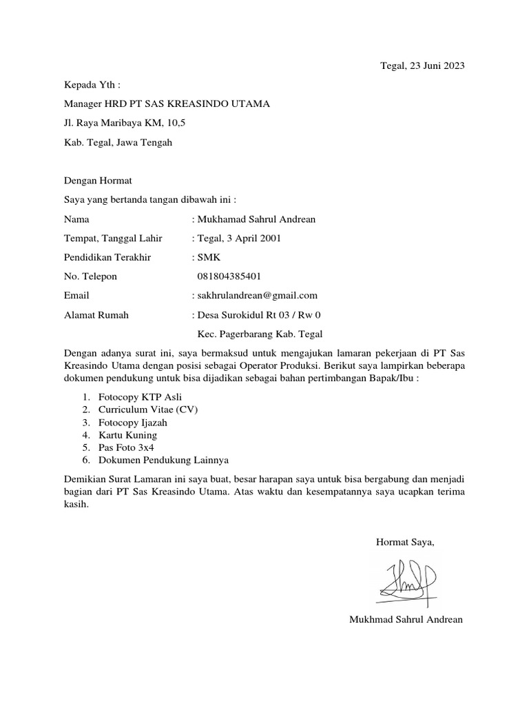 Surat Lamaran Andre PT SAS KREASINDO UTAMA | PDF