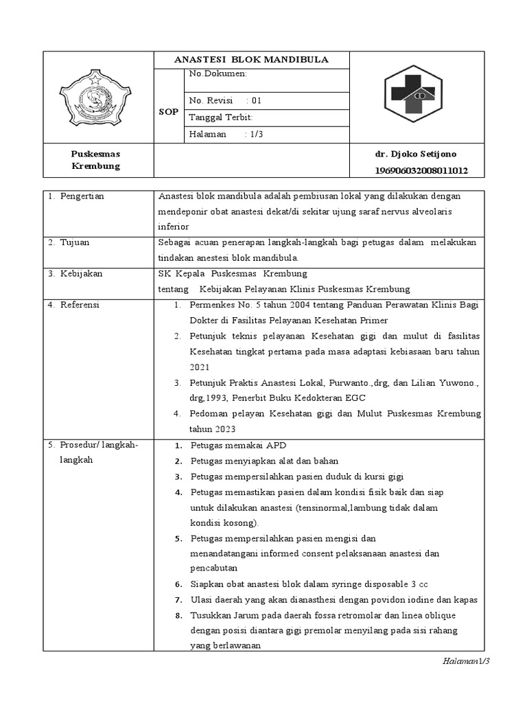 Sop Anastesi Mandibula | PDF