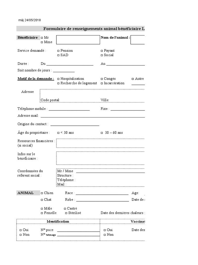 Formulaire de Renseignements Animal Bénéficiaire Lianes | PDF