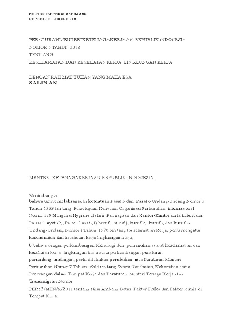 Permen No.5 Tahun 2018 TTG K3 Lingkungan Kerja | PDF
