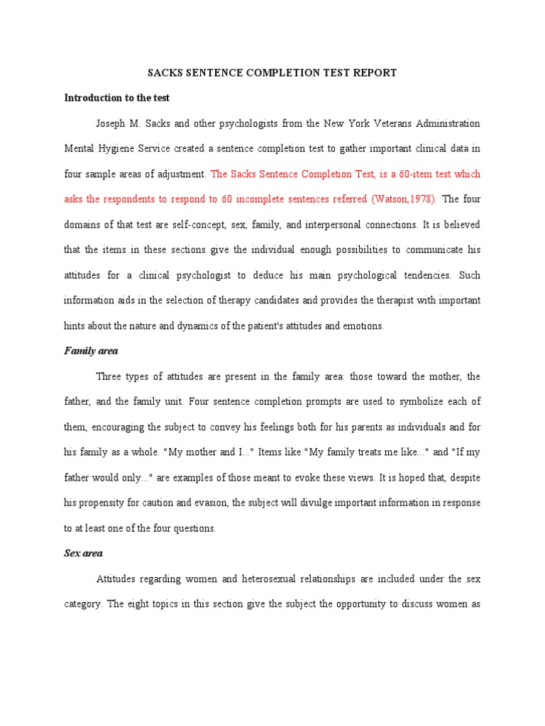 Sacks Sentence Completion Test Overview | PDF | Attitude (Psychology) | Id