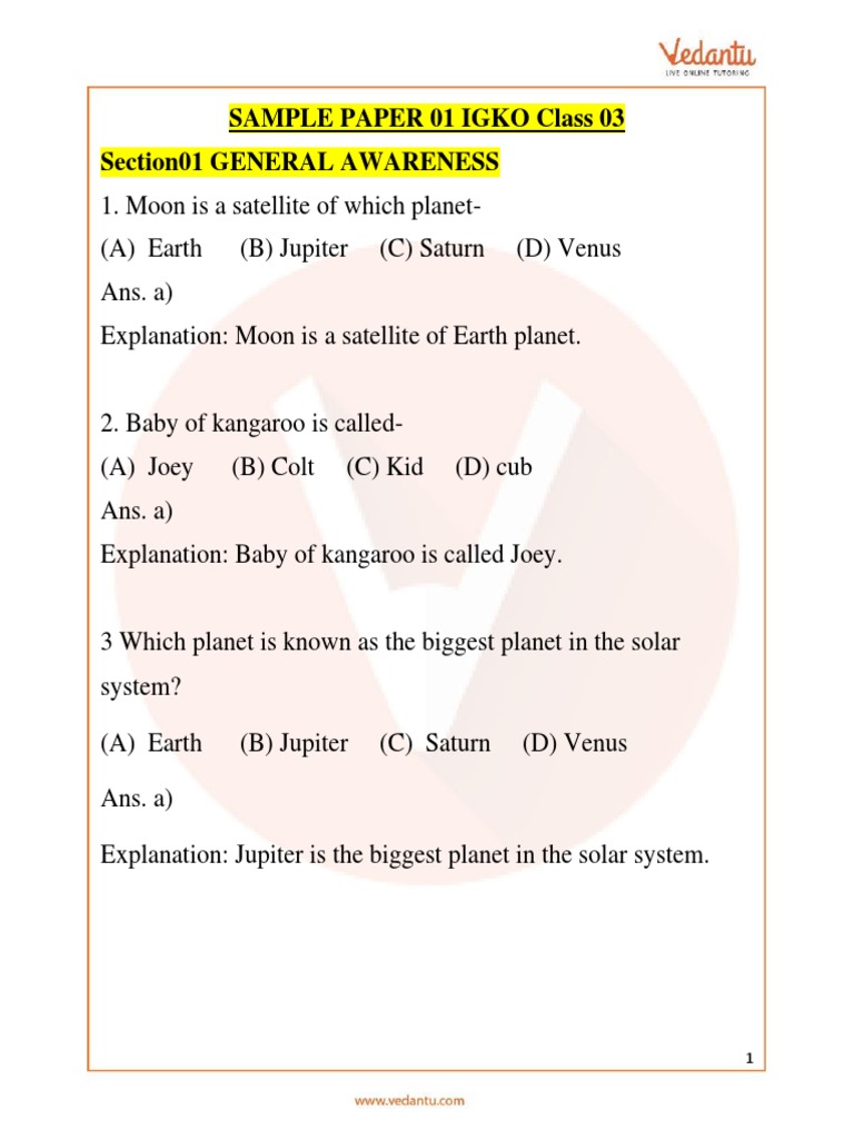 Class 3 GK Olympiad Sample Paper | PDF | Planets