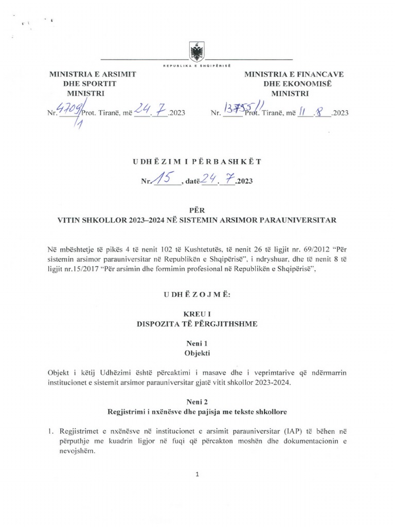 Udhezim NR.15 Date 24.7.2023 Viti Shkollor 2023 2024 Ne Sistemin ...