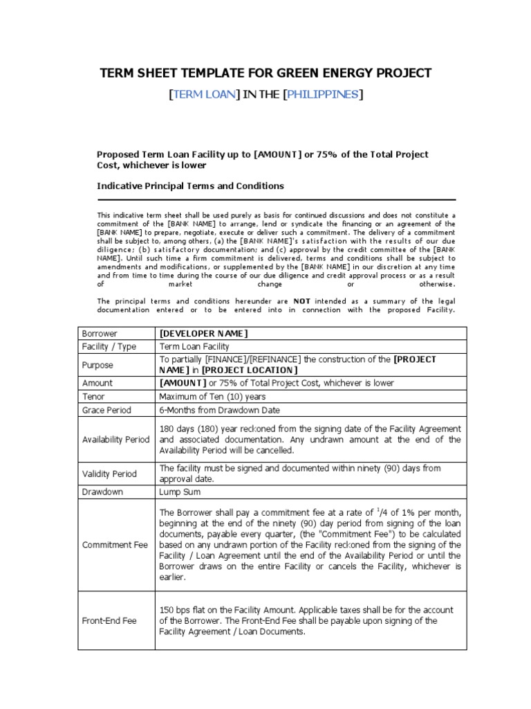 Term Loan Term Sheet Template For Green Energy Project | PDF | Debt ...
