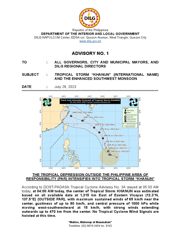 ADVANCE COPY 20230728 DILG ADVISORY On TS KHANUN FALCON | PDF | Tropical Cyclones | Flood