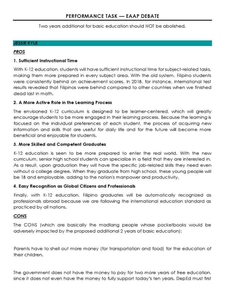 Eaap Debate Performance Task | PDF | Vocational Education | Curriculum