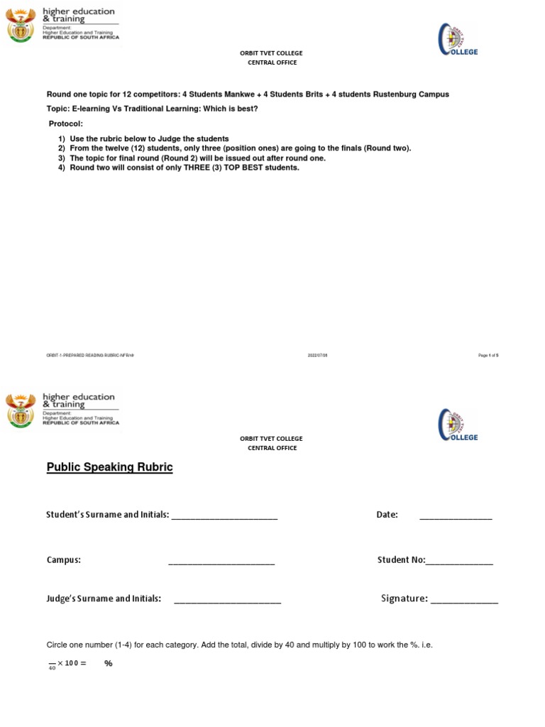 Public Speaking Rubric 1 & First Round Topic | PDF | Vocabulary ...