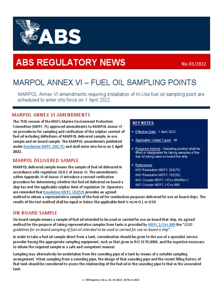MARPOL Annex VI Fuel Oil Sampling Points | PDF