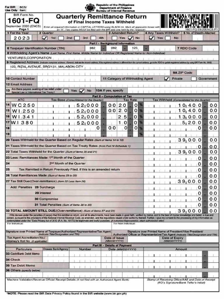 BIR-Form-No.-1601-FQ Sample | PDF