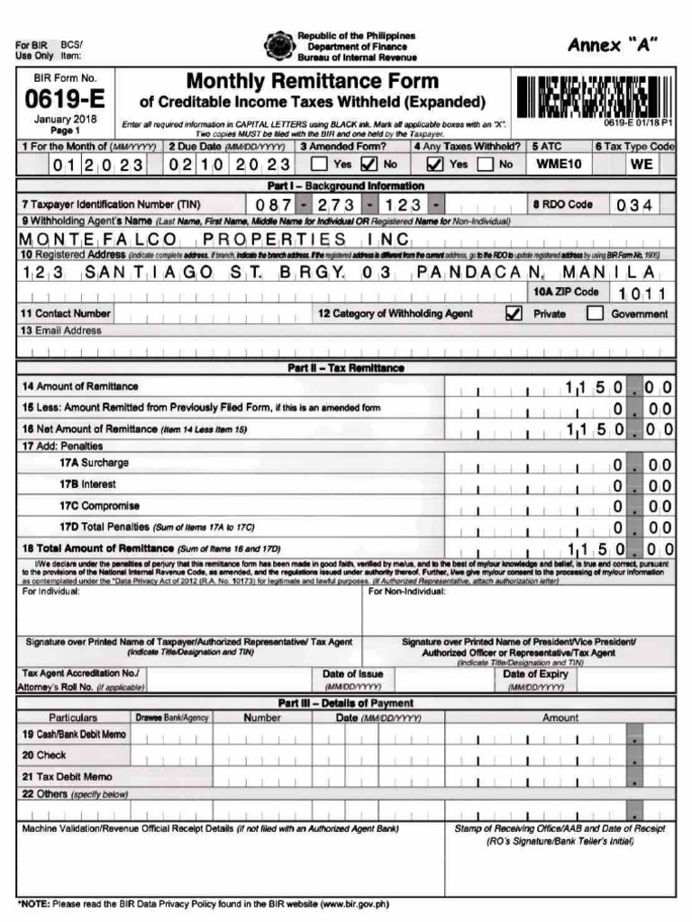 BIR Form 0619-E Monthly Remittance Guide | PDF | Corporate Jargon ...