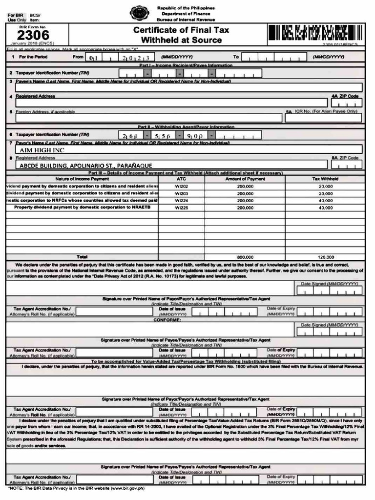 Certificate of Final Tax Withheld | PDF