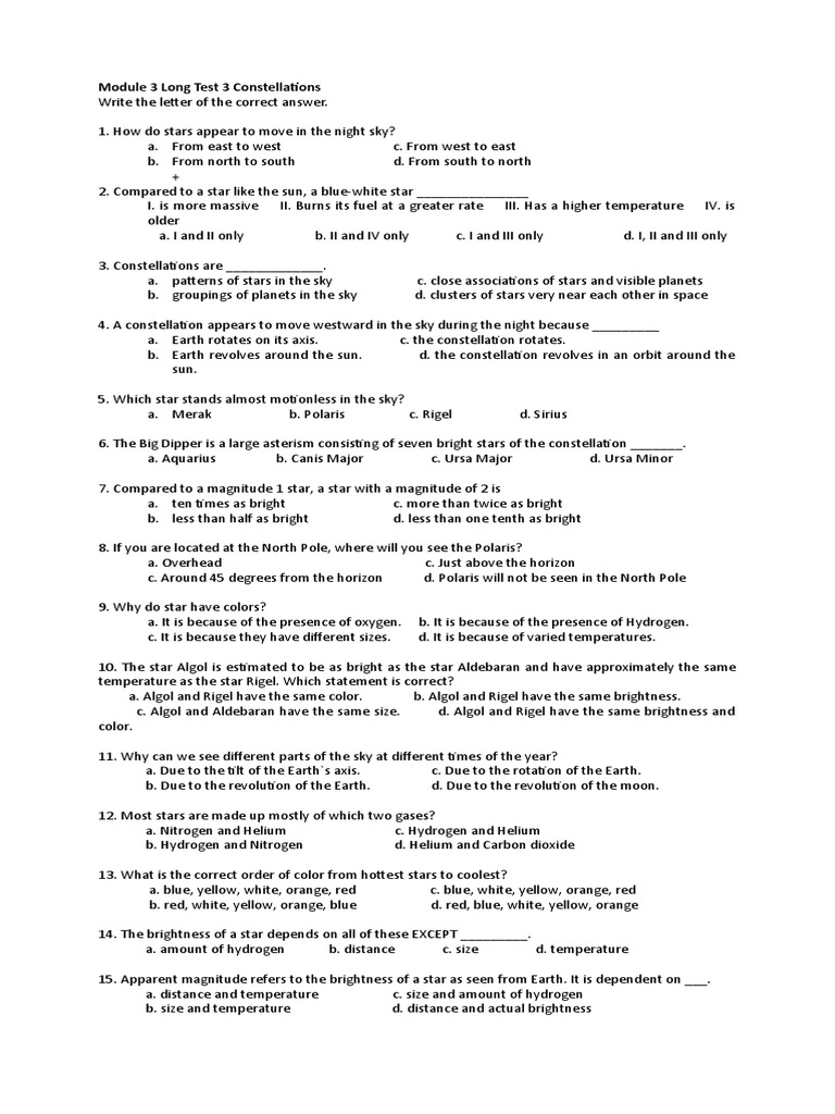 Astronomy Quiz: Constellations & Stars | PDF | Stars | Apparent Magnitude