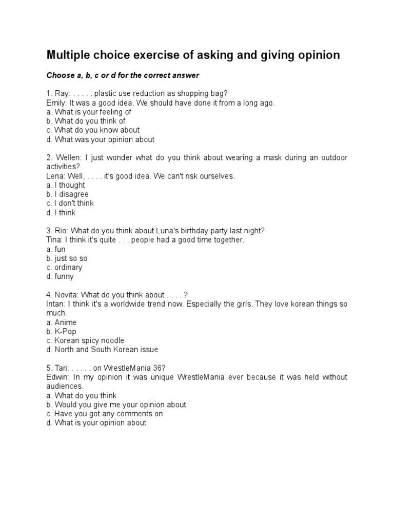 Multiple Choice Exercise of Asking and Giving Opinion | PDF