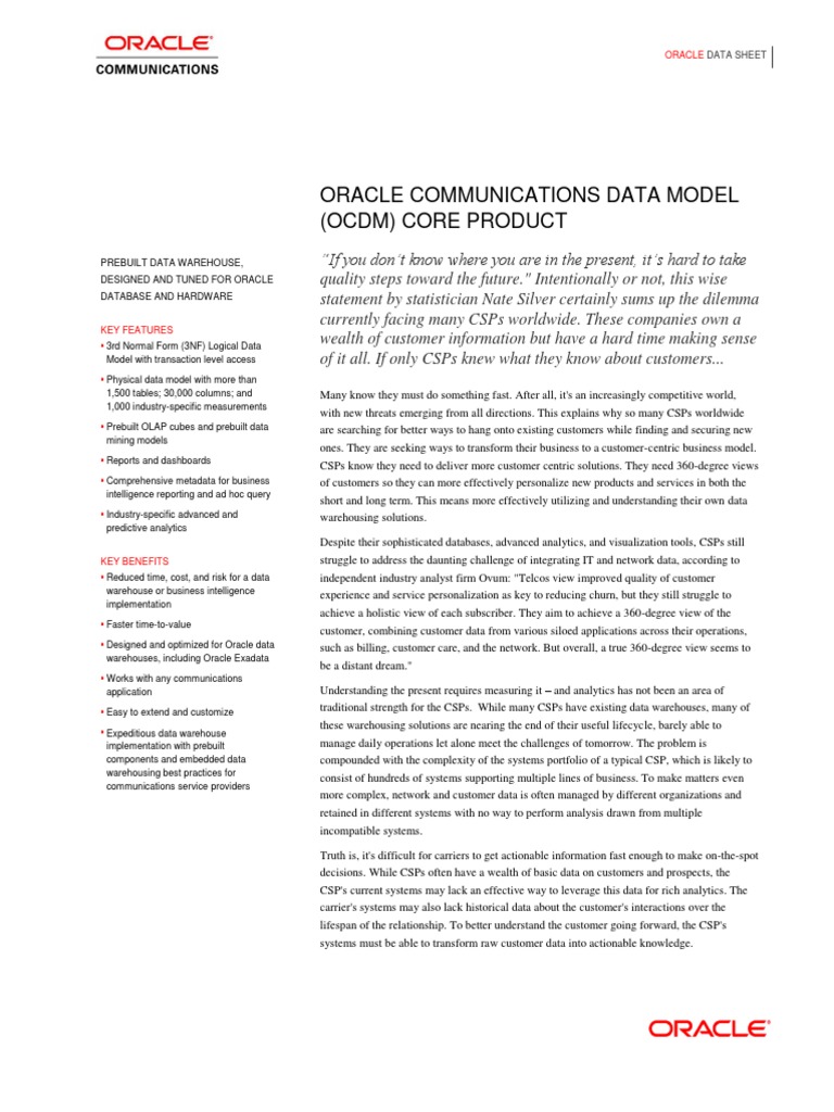 Communications Data Model Datasheet 131313 | PDF | Data Warehouse | Databases