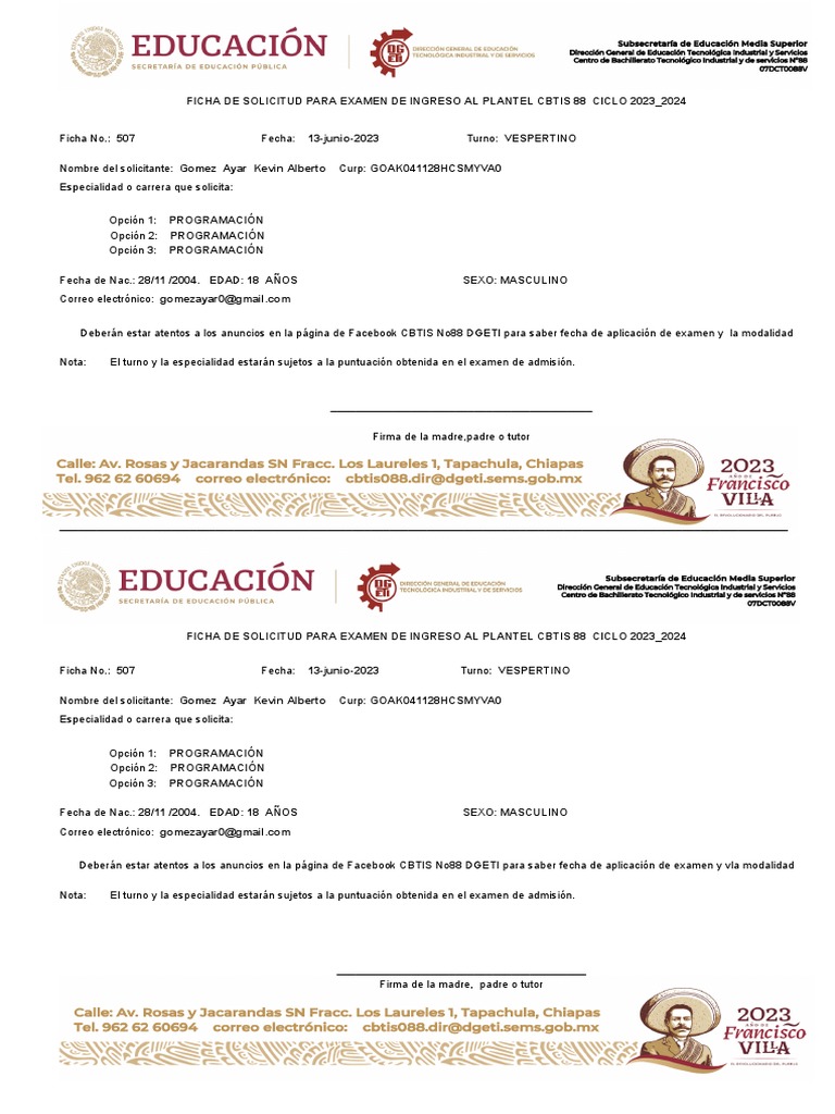 FICHA EXAMEN DE ADMISIÓN CICLO 2023 - 2024 Kevin Alberto Gomez Ayar | PDF