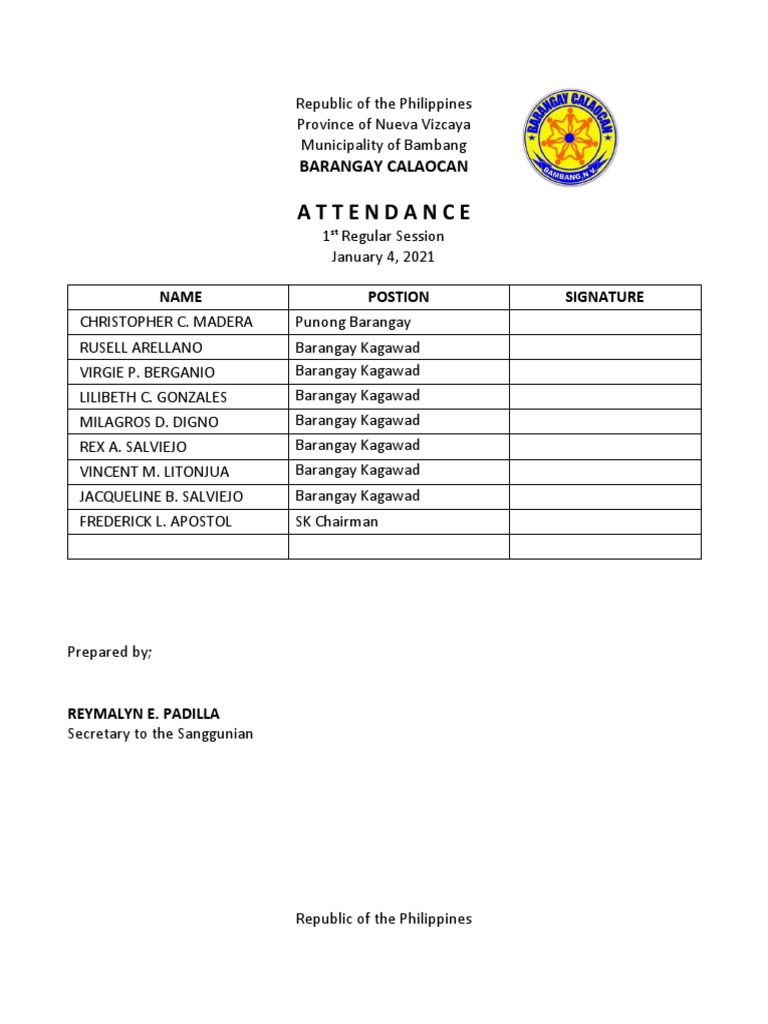 ##Attendance For Barangay Session | PDF | Military Operations