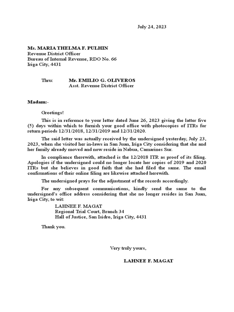 Compliance Letter To BIR | PDF | Law