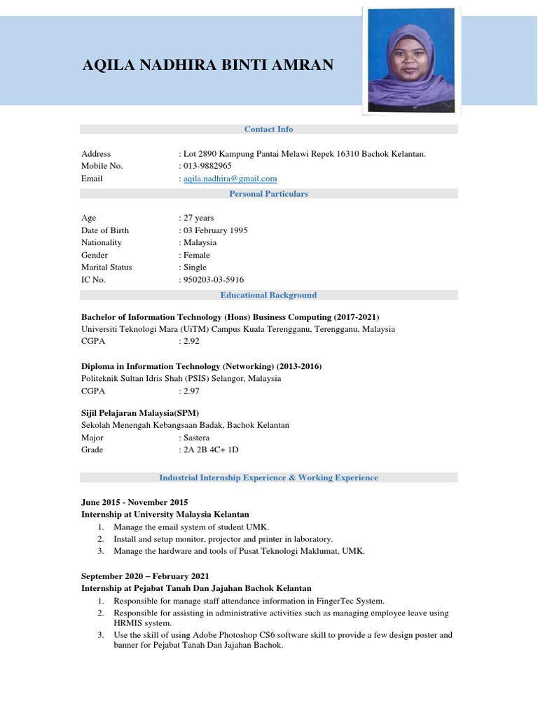 Resume Aqila Nadhira Amran | PDF | Computing | Information Technology