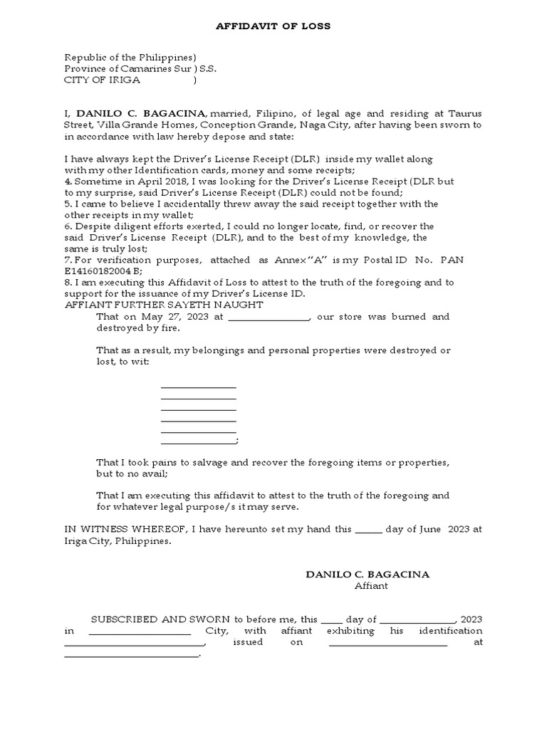 Affidavit of Loss Due To Fire | PDF | Affidavit | Authentication