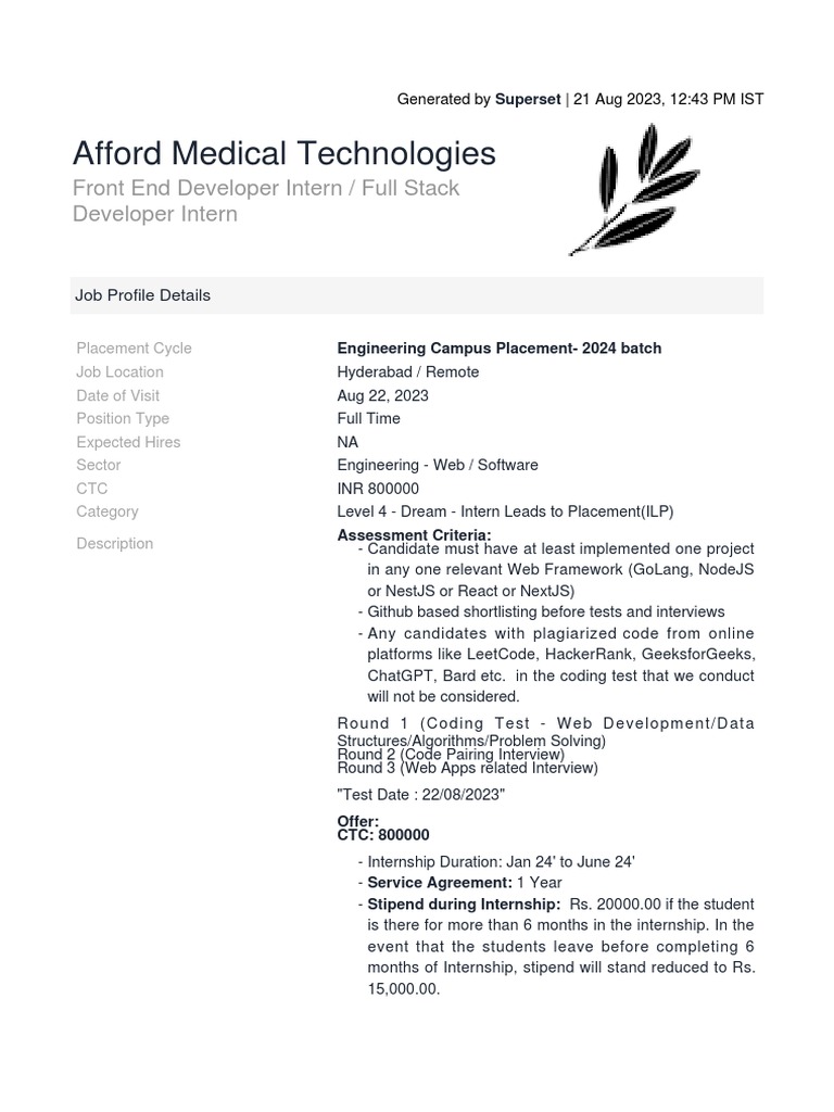 Front End Developer Intern - Full Stack Developer Intern | PDF | Computing | Job Hunting