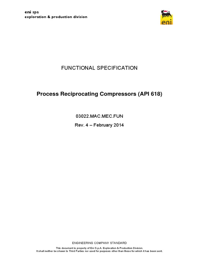 Process Reciprocating Compressors (API 618) : Functional Specification ...