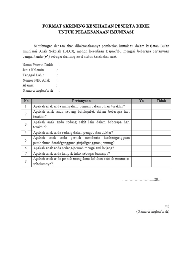 Format Skrining Kesehatan Peserta Didik Untuk Pelaksanaan Imunisasi | PDF