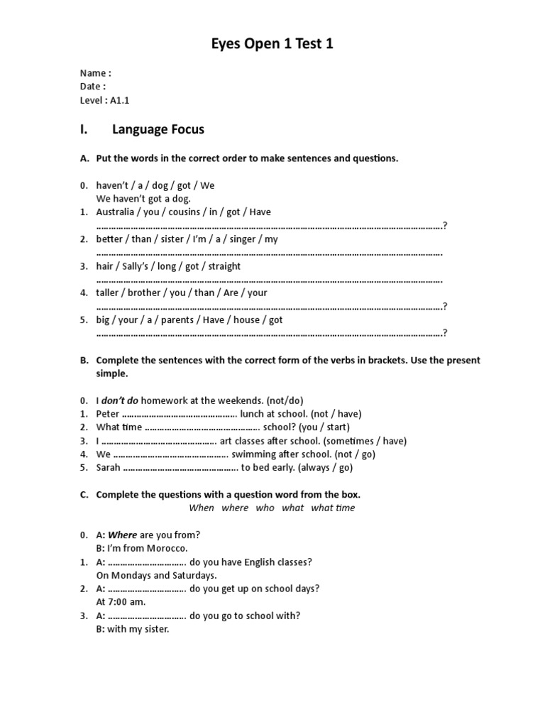 Eyes Open 1.1 Test | PDF | Grandparent | Linguistics
